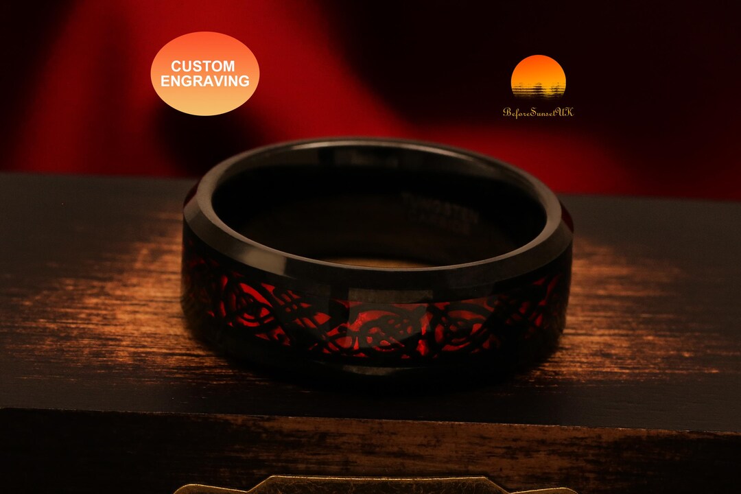 Black Tungsten Ring With Red Celtron and Black Inner Ring, Personalized ...