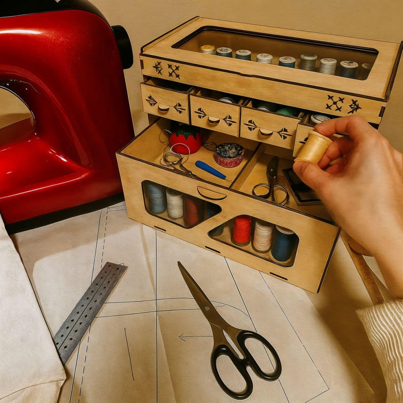 Laser Cut Sewing Organizer Files: Plywood Thread Storage Box SVG DXF ...
