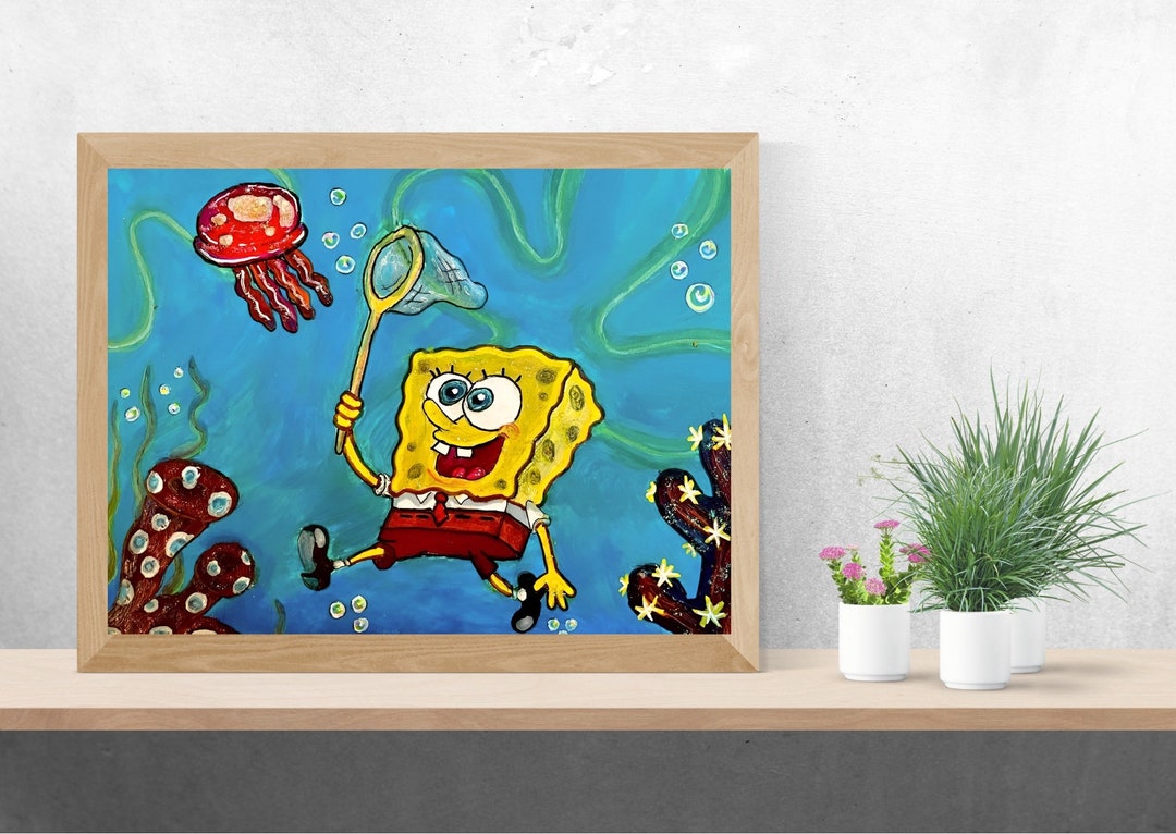 Spongebob Squarepants Art Print Chasing Jellyfish Acrylic - Etsy