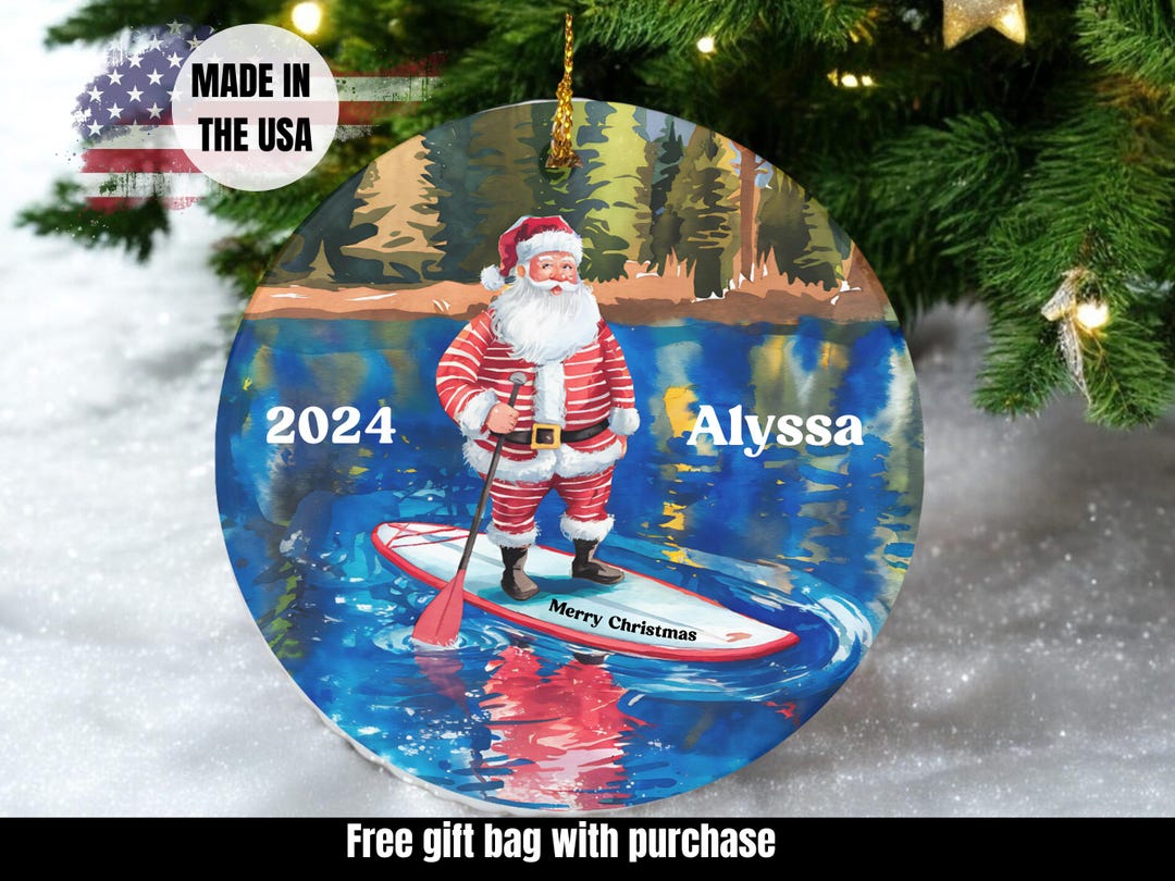 Personalized Santa Watercolor Paddleboarding Christmas Ornament, Lake ...