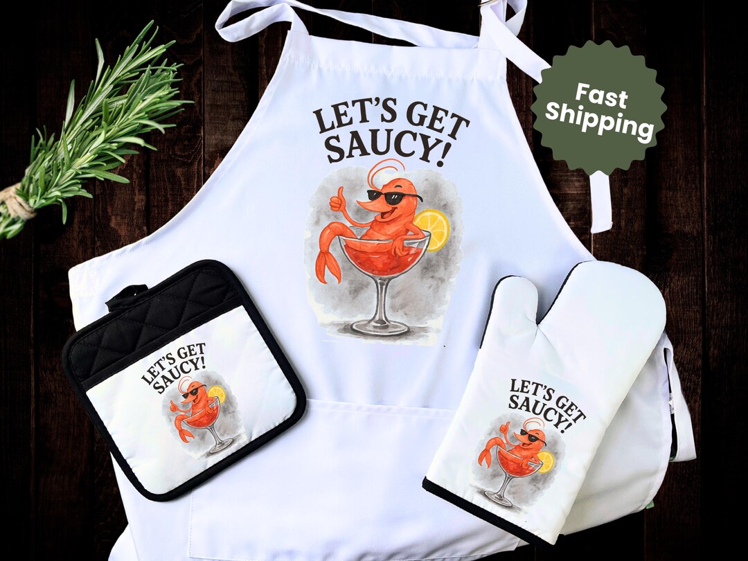 Shrimp Kitchen Gift Set – Let’s Get Saucy Apron, Oven Mitt, Pot Holder ...