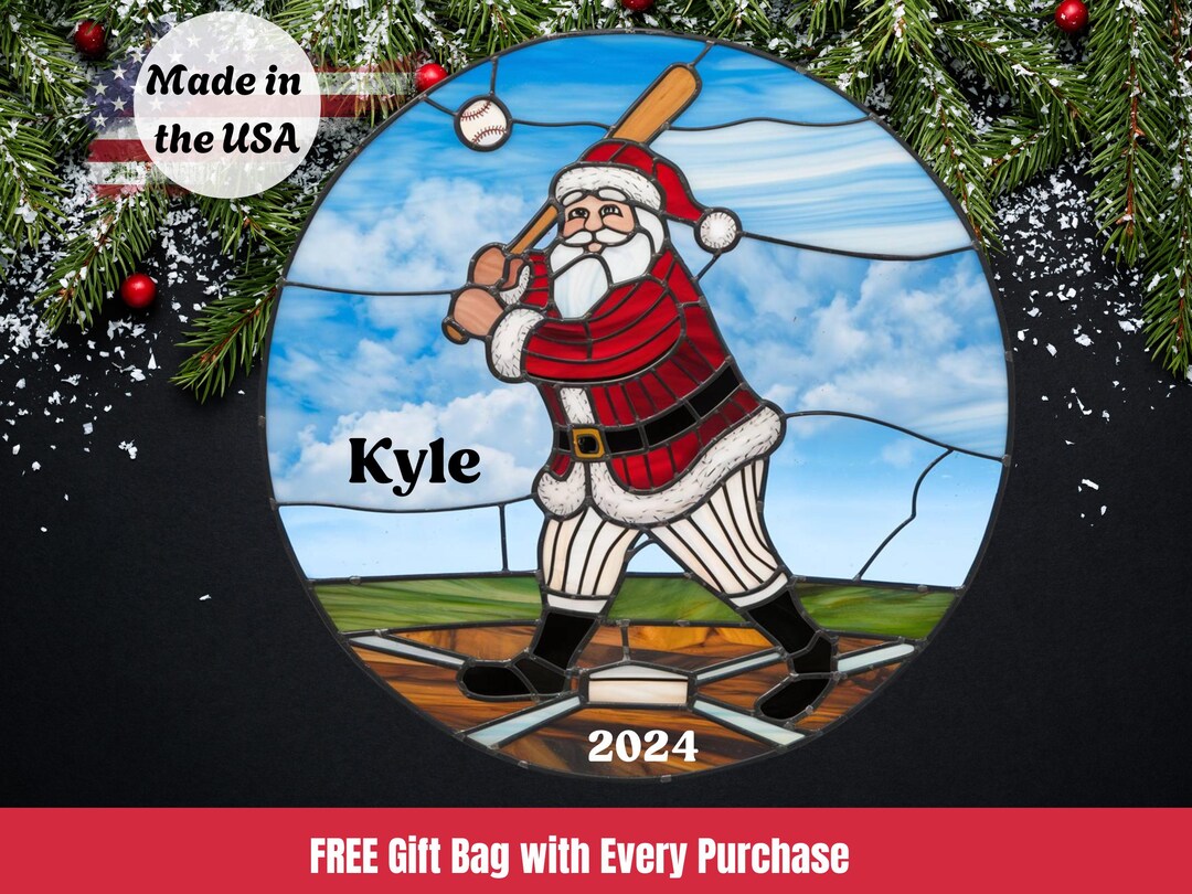 Personalized Faux Stained Glass Santa Playing Baseball Ornament Custom ...