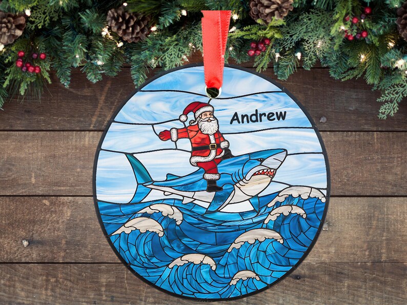 Personalized Faux Stained Glass Santa Riding a Shark Christmas Ornament ...