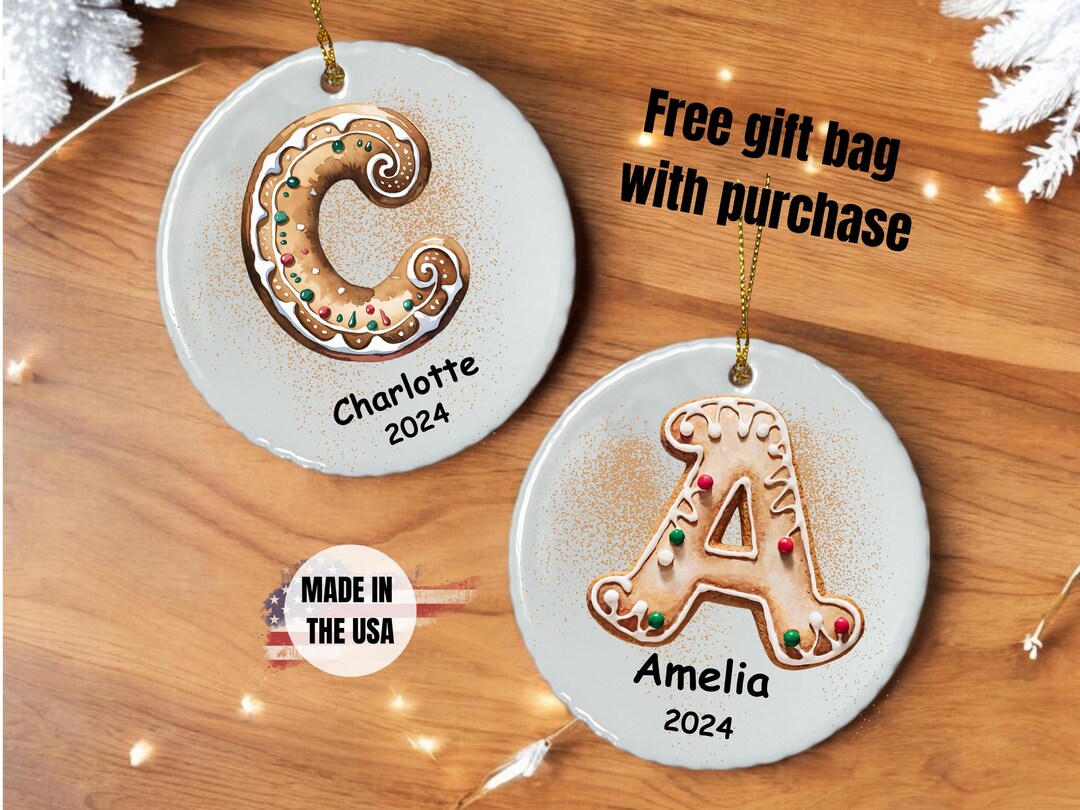 Gingerbread Letter Ornament - Personalized Round Wavy Edge Ceramic ...
