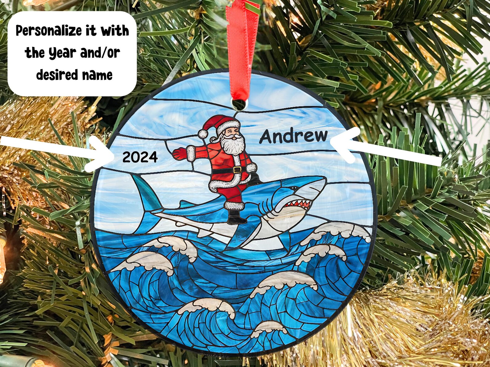 Personalized Faux Stained Glass Santa Riding a Shark Christmas Ornament ...
