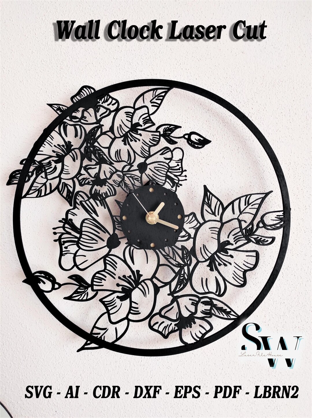 Laser Cut Floral Wall Clock, Digital File Ready to Cut Clock, DXF, Pdf ...