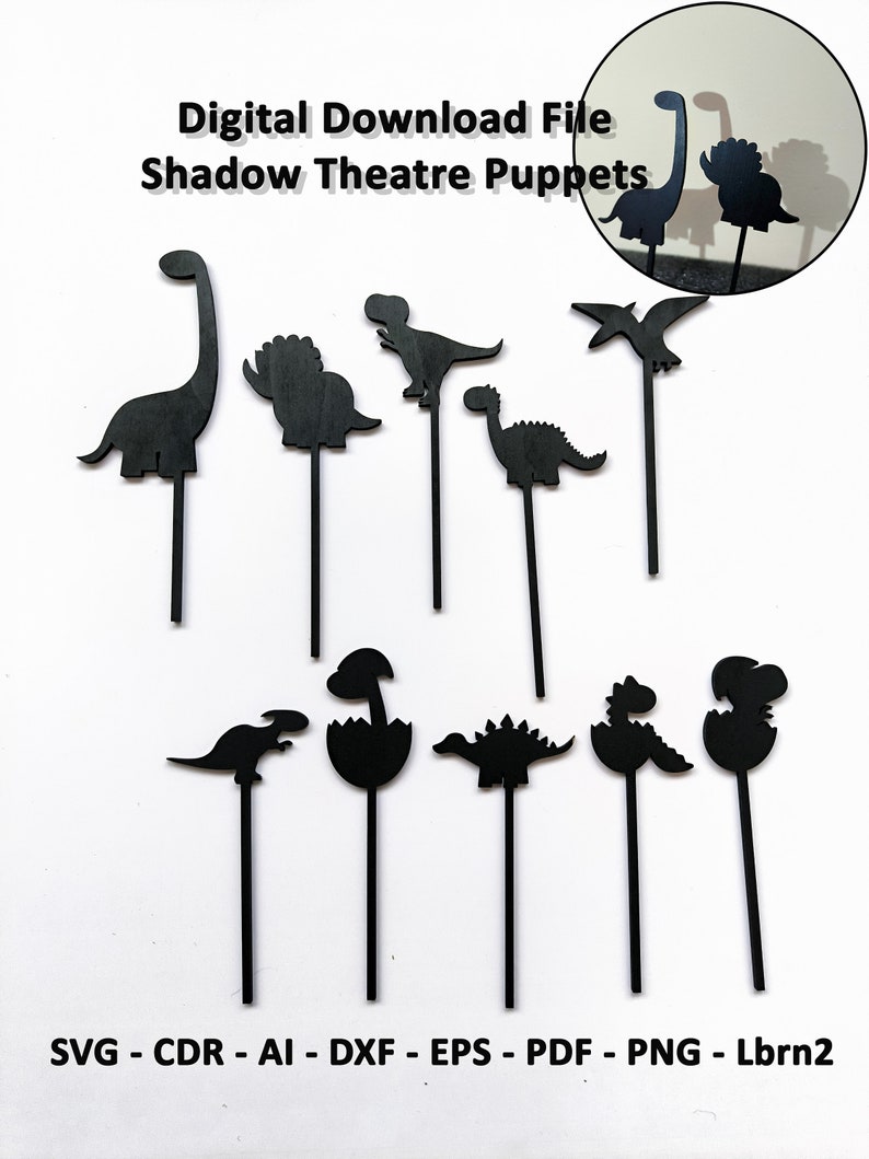 Dinosaur Puppets Vector Template, Shadow Theatre Set, Ready to Cut ...