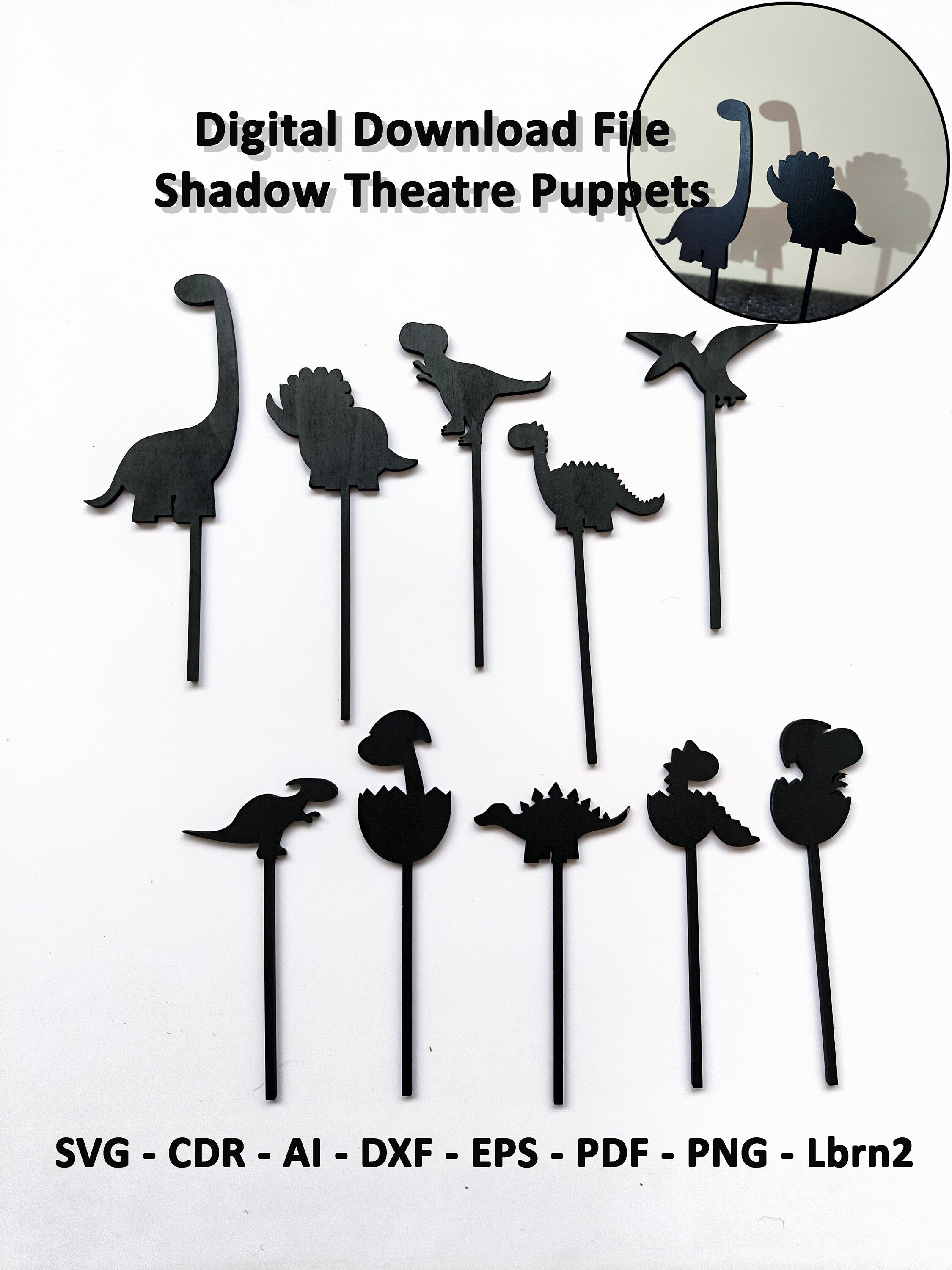 Dinosaur Puppets Vector Template, Shadow Theatre Set, Ready to Cut ...