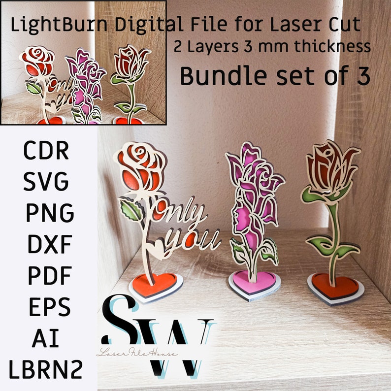 Lightburn Ready to Cut Valentines Day, Standing Roses Set of 3, Bundle ...