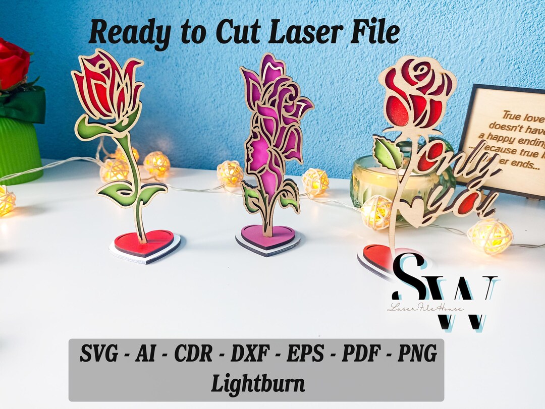 Lightburn Ready to Cut Valentines Day, Standing Roses Set of 3, Bundle ...
