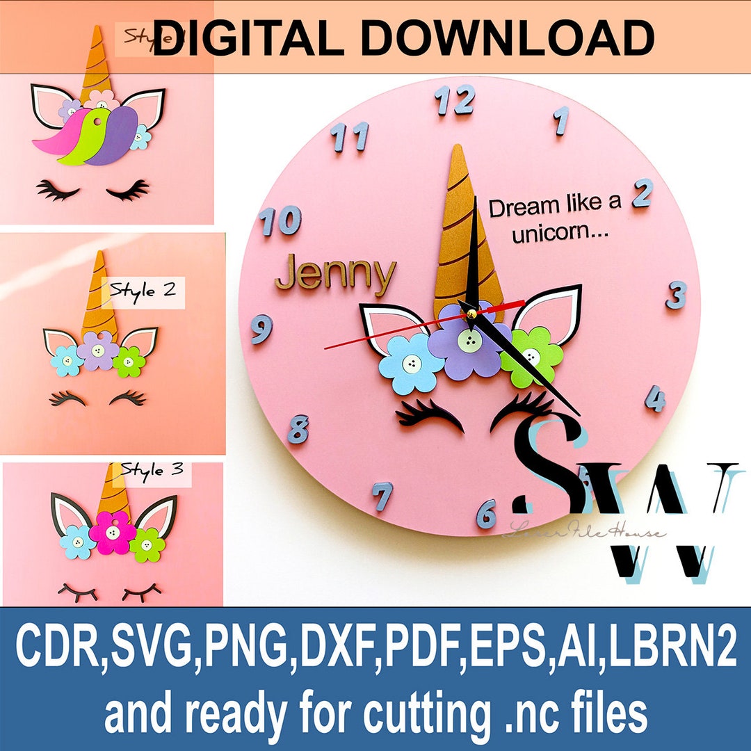 Laser Cut File Unicorn Head Clock - 3 Styles Personalised With Name ...