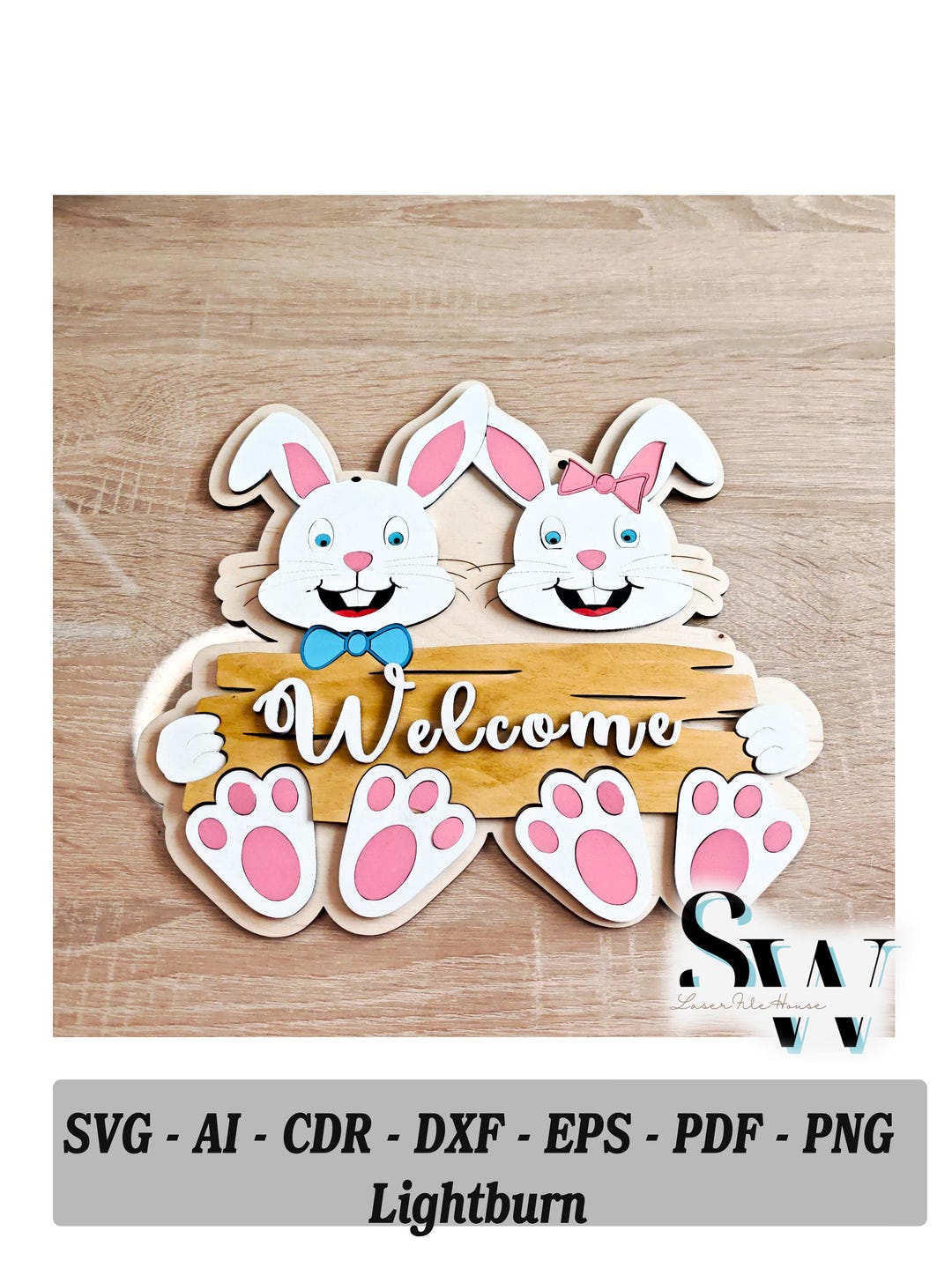 Laser Cut Easter Bunny Welcome Sign, DXF Front Door Hanger, SVG Easter ...