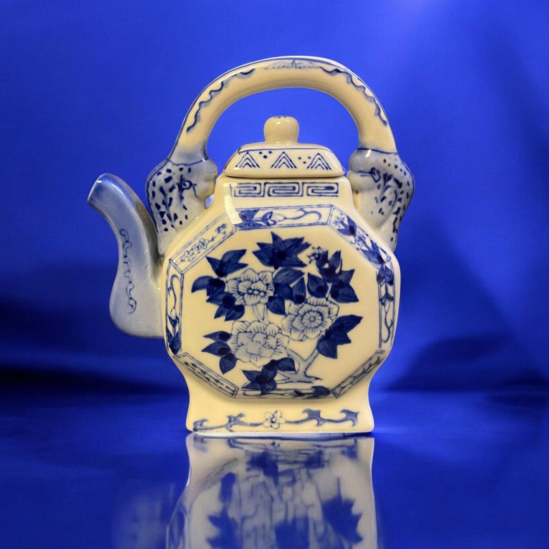 Vintage Blue/white Flowers Oriental Flat Shape Teapot - Etsy