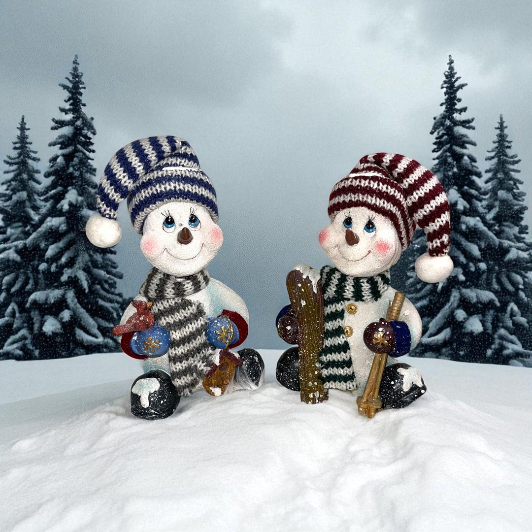 Vintage Bobble Head Snowman Pair – 9" Figurines With Skis & Birdhouse ...