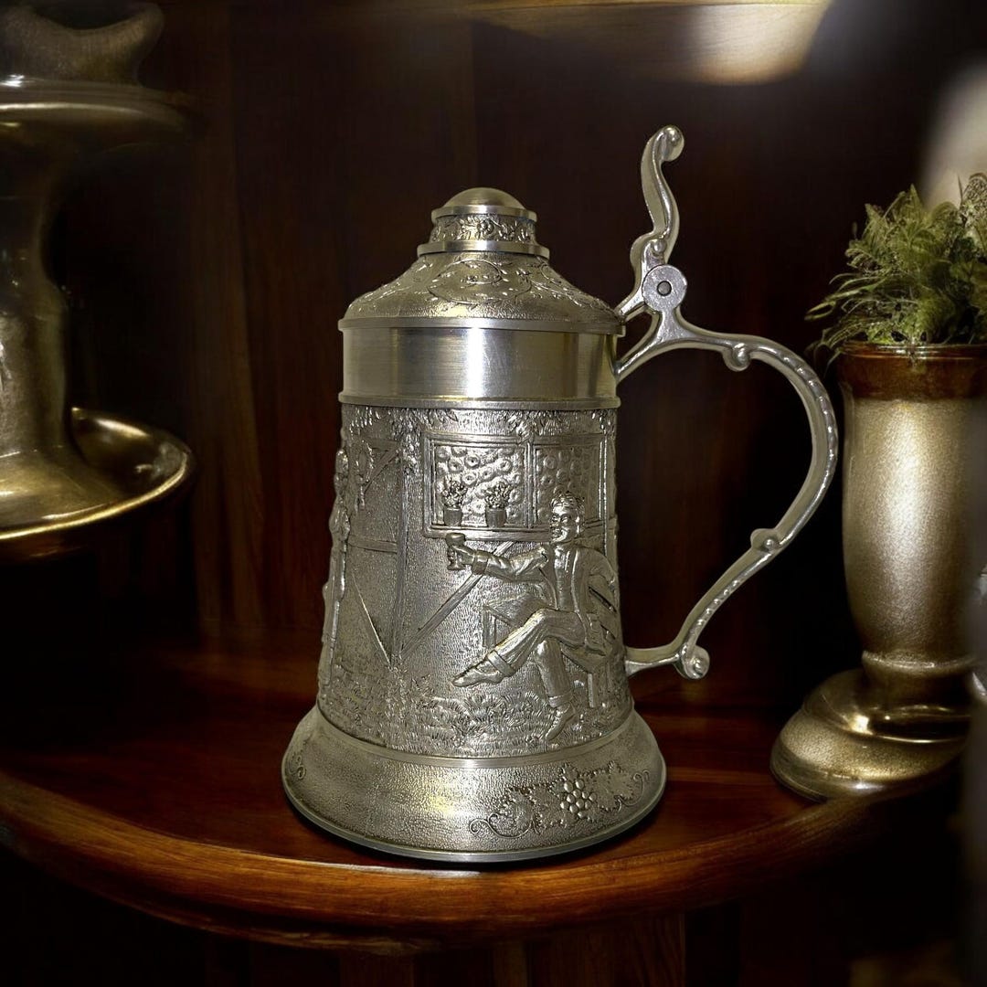 Vintage German Pewter Beer Stein – 93% Zinn, Dorfkrug Tavern Scene, HH ...