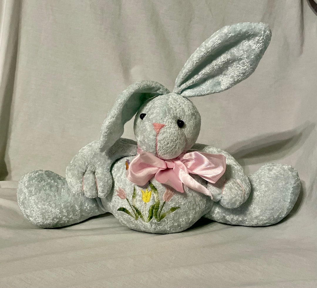 VINTAGE Blue Bunny Plush With Embroidered Flowers and Posable Arms ...