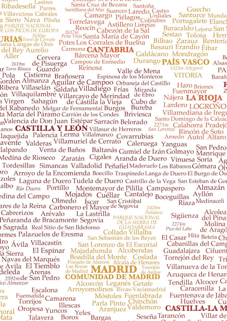 Color Map of Spain Type Map, Spain Map Print, Spain Poster Minimalist ...