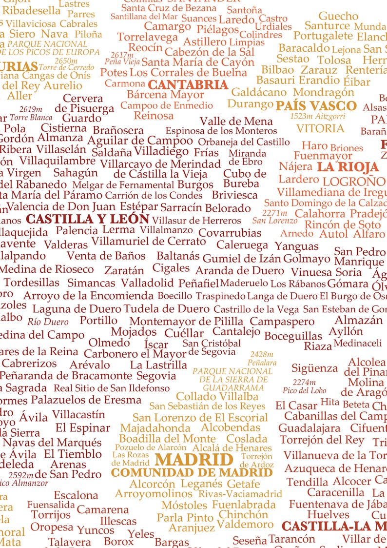 Color Map of Spain Type Map, Spain Map Print, Spain Poster Minimalist ...