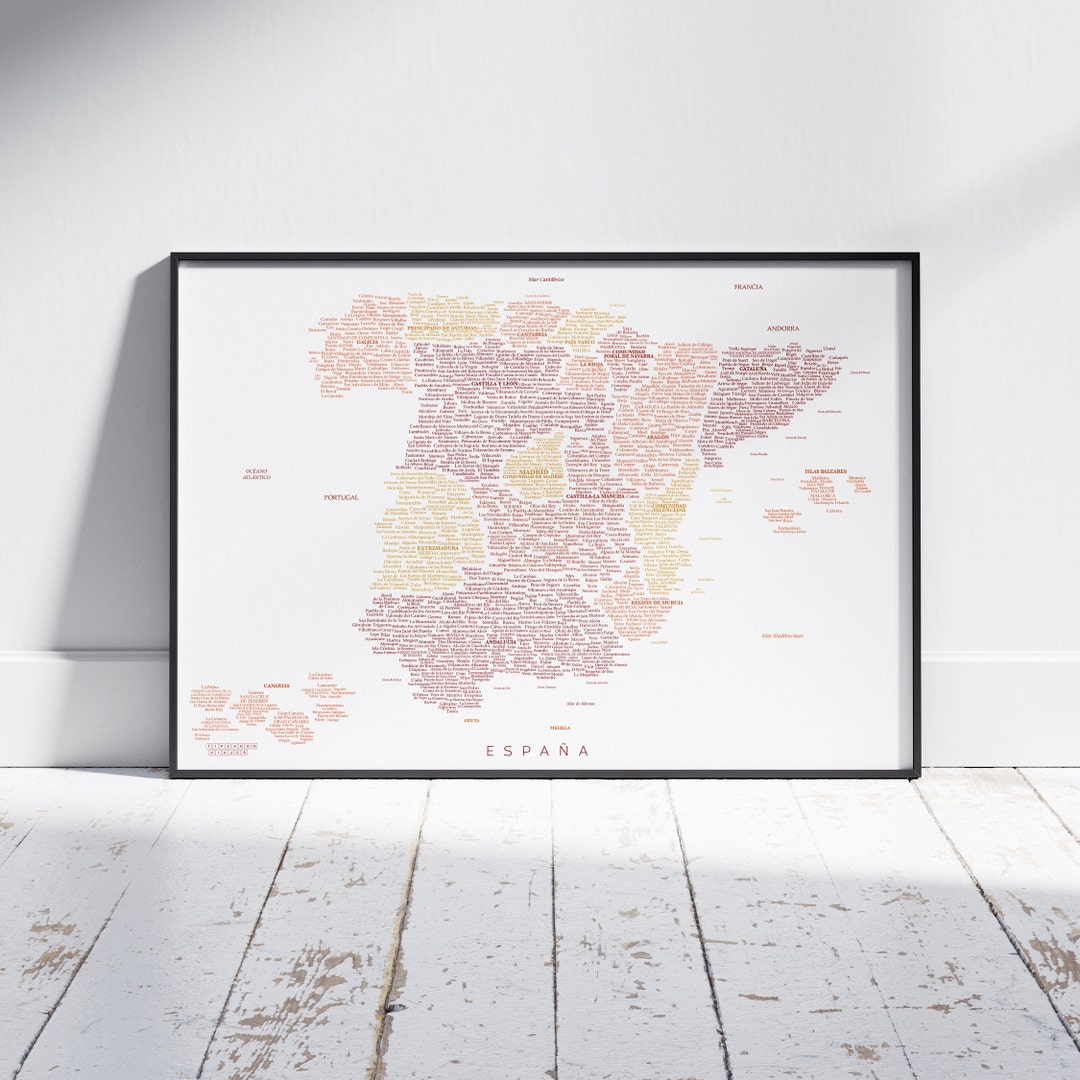 Color Map of Spain Type Map, Spain Map Print, Spain Poster Minimalist ...