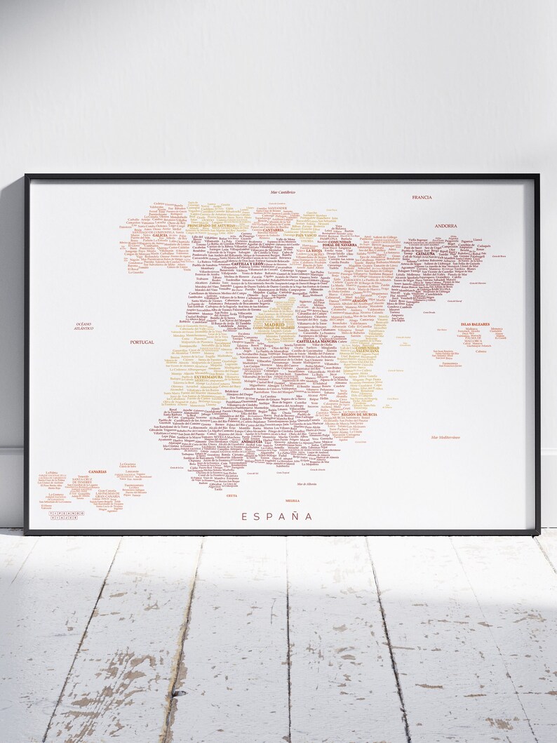Color Map of Spain Type Map, Spain Map Print, Spain Poster Minimalist ...