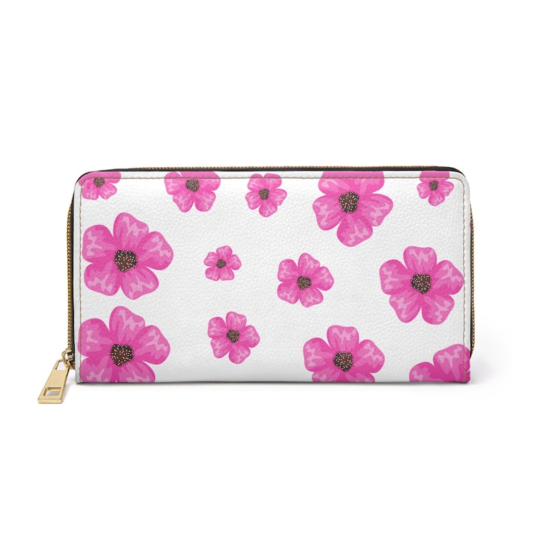 Pink Flowers Wallet Girly Zip Wallet 100% Faux Leather Wallet for Her ...