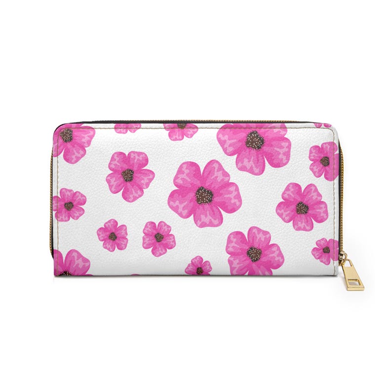 Pink Flowers Wallet Girly Zip Wallet 100% Faux Leather Wallet for Her ...