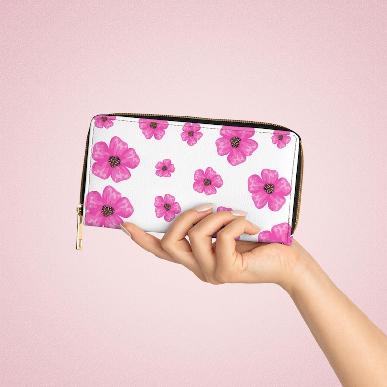 Pink Flowers Wallet Girly Zip Wallet 100% Faux Leather Wallet for Her ...