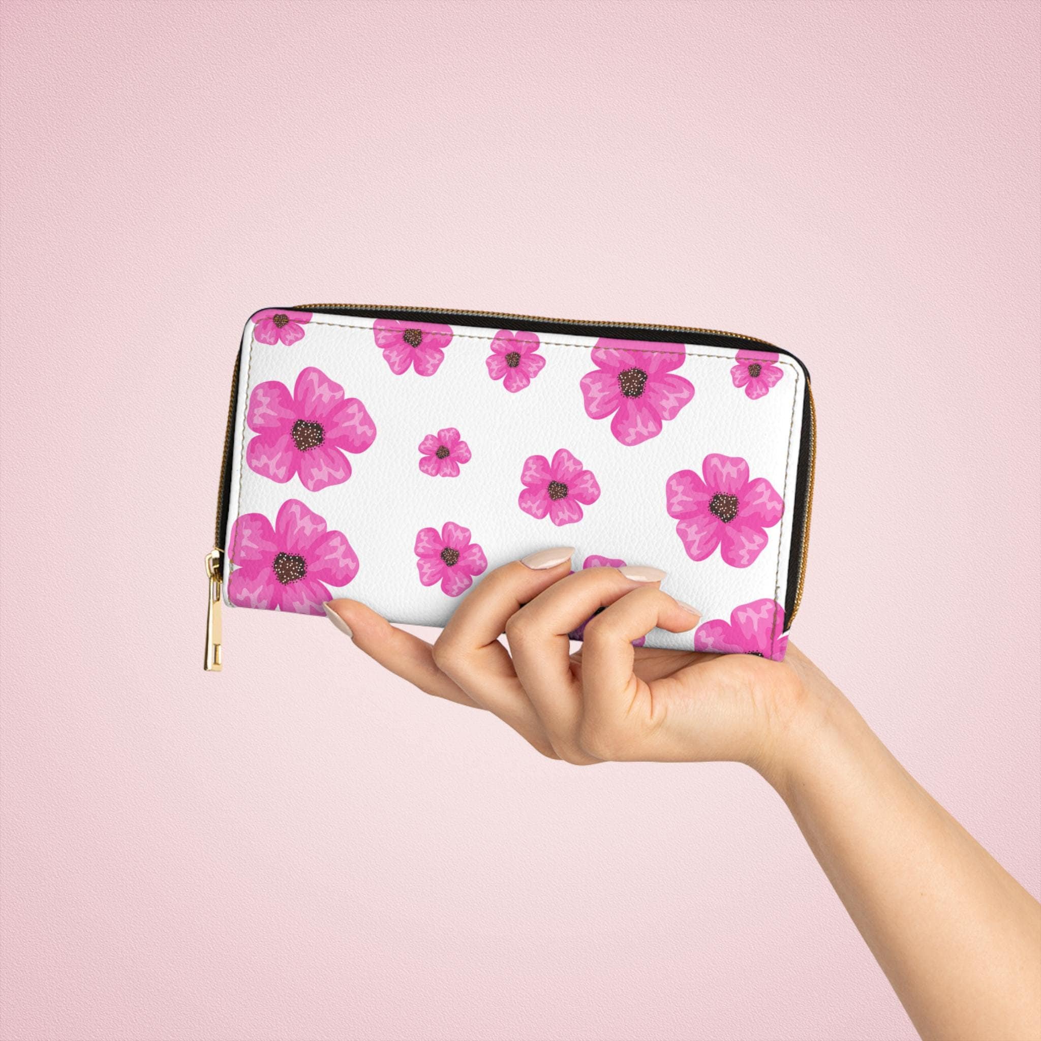 Pink Flowers Wallet Girly Zip Wallet 100% Faux Leather Wallet for Her ...
