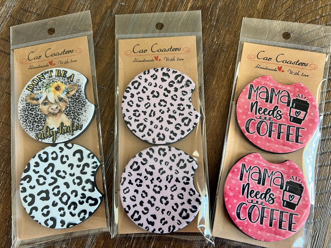 Cute Sublimation Car Coasters, Mama Needs Coffee, Cow & Cow Print, Pink ...