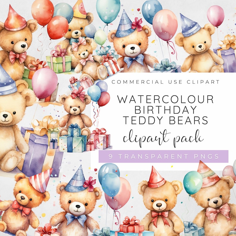 Teddy Bear Clipart, Birthday PNG, Birthday Bear, Kids Party Art ...