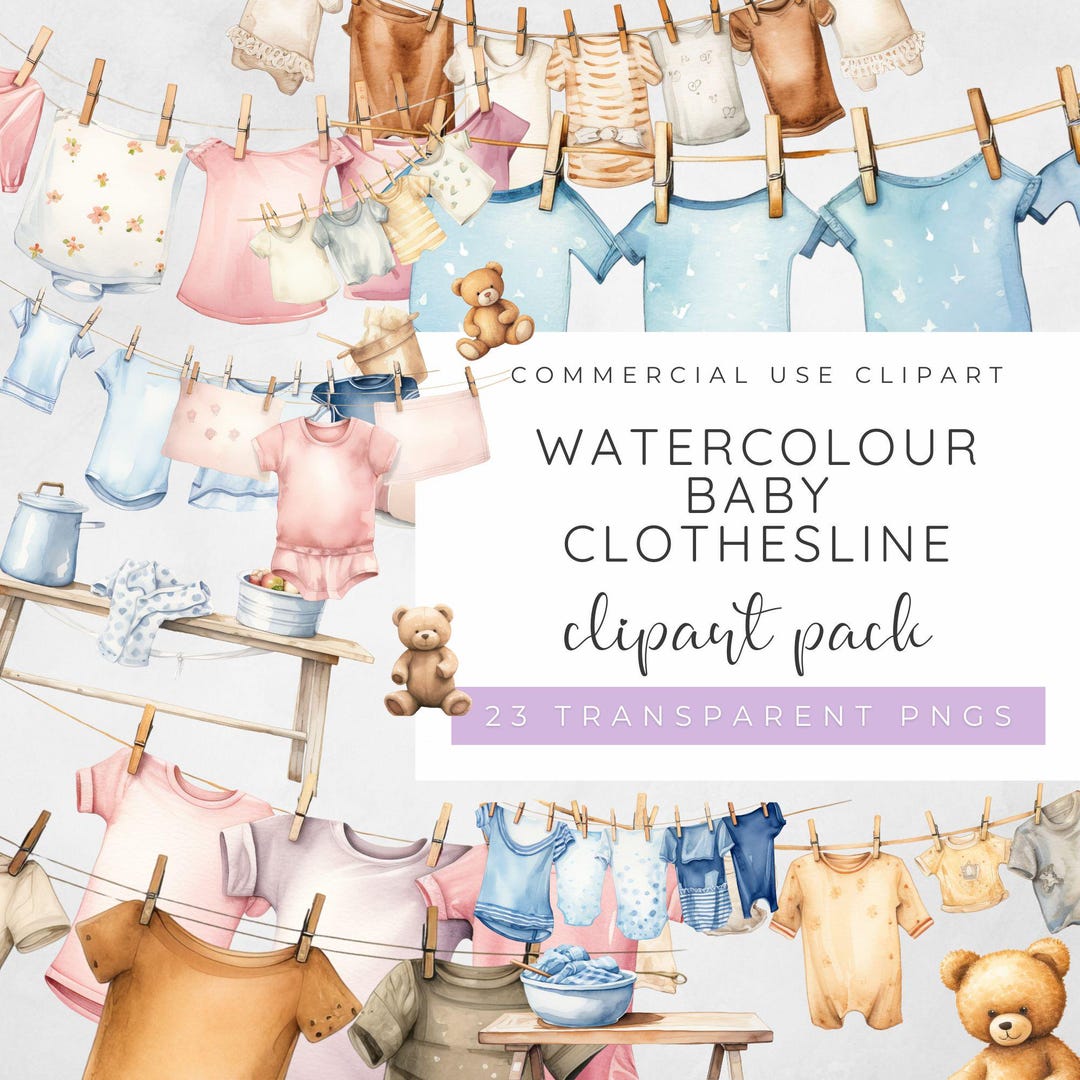 Baby Clothesline Clipart, Watercolour Nursery Laundry Pngs, Baby Shower ...