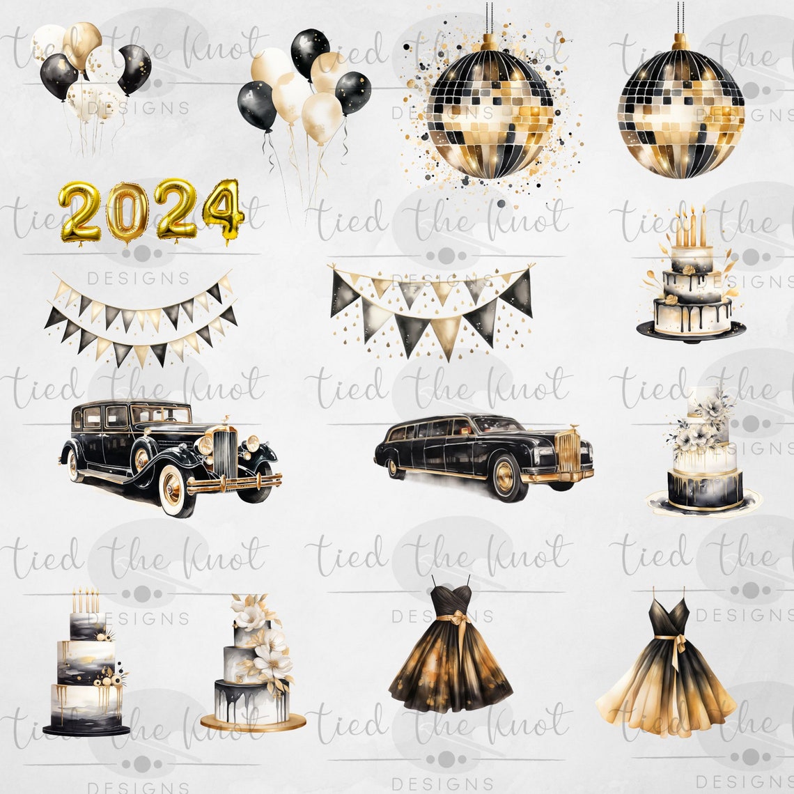New Years Eve Clipart, Black and Gold Party, Champagne Clipart, Balloon ...