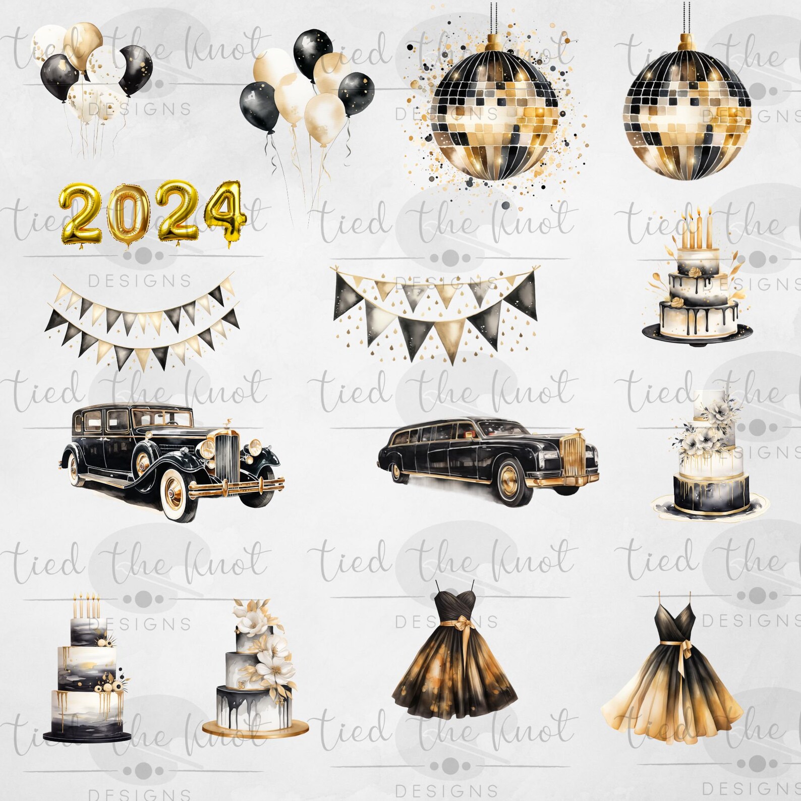 New Years Eve Clipart, Black and Gold Party, Champagne Clipart, Balloon ...