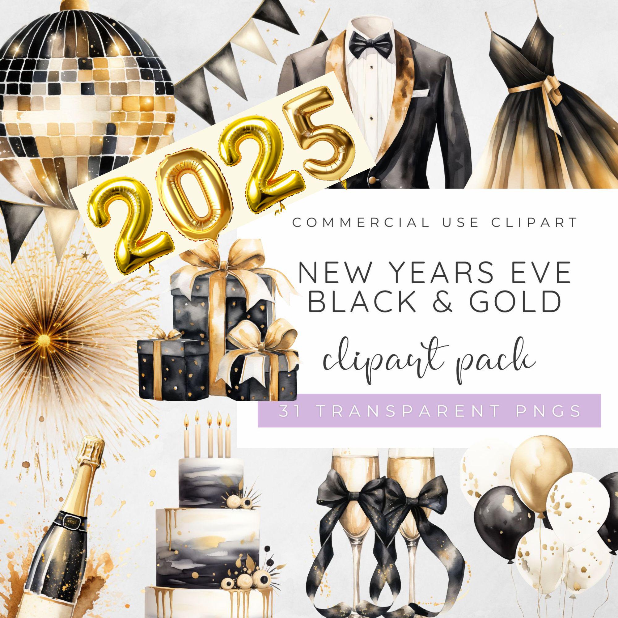 New Years Eve Clipart, Black and Gold Party, Champagne Clipart, Balloon ...