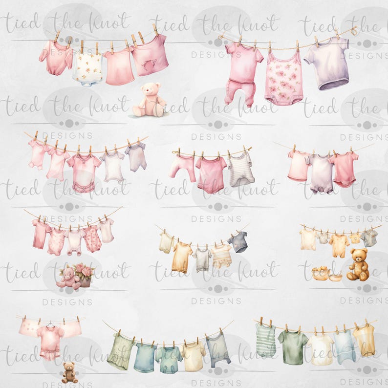 Baby Clothesline Clipart, Watercolour Nursery Laundry Pngs, Baby Shower ...