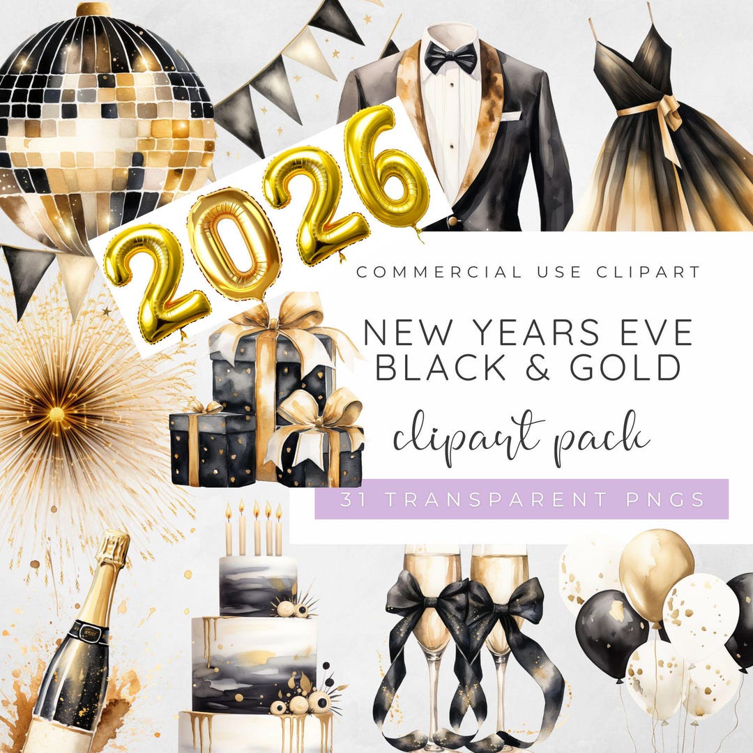 New Years Eve Clipart, Black and Gold Party, Champagne Clipart, Balloon ...