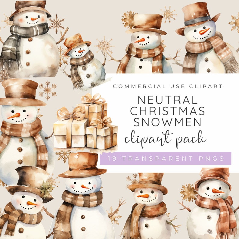 Snowmen Clipart, Neutral Snowman, Watercolour Snowman Clipart, Neutral ...