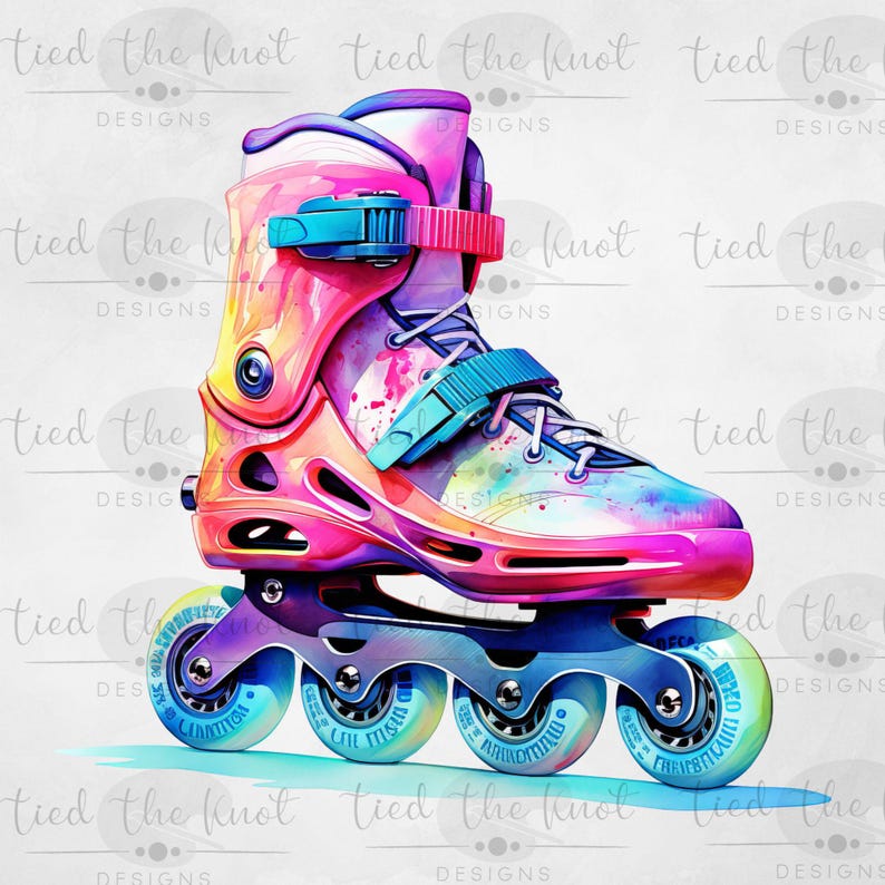 Neon Inline Skate Clipart, Watercolour Rollerblade PNG, Bright Rainbow ...