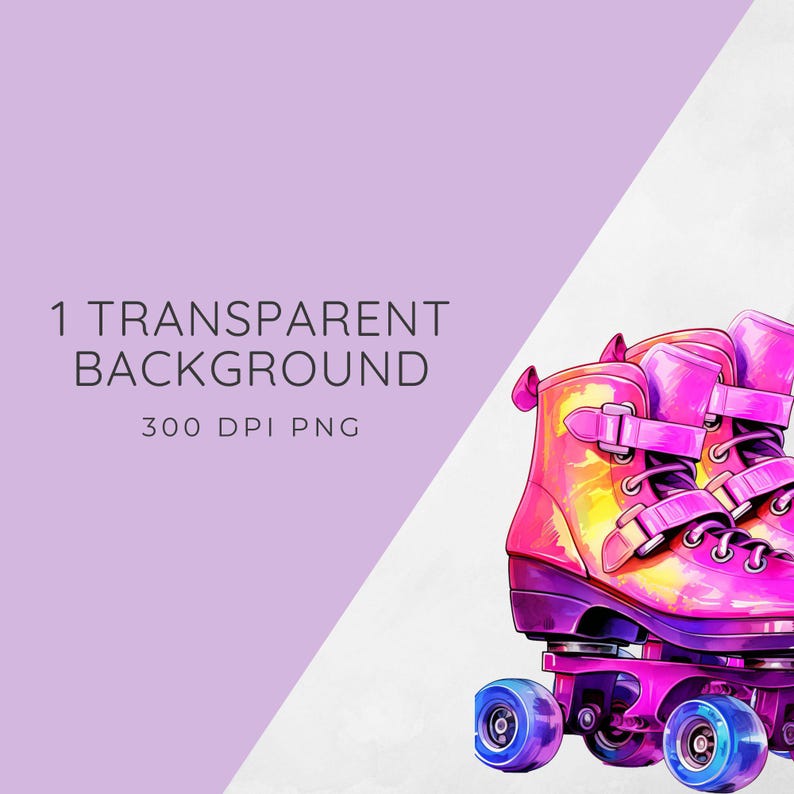 Neon Roller Skates Clipart, Watercolour Retro Skating PNG, Bright Quad ...