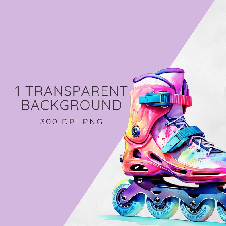 Neon Inline Skate Clipart, Watercolour Rollerblade PNG, Bright Rainbow ...