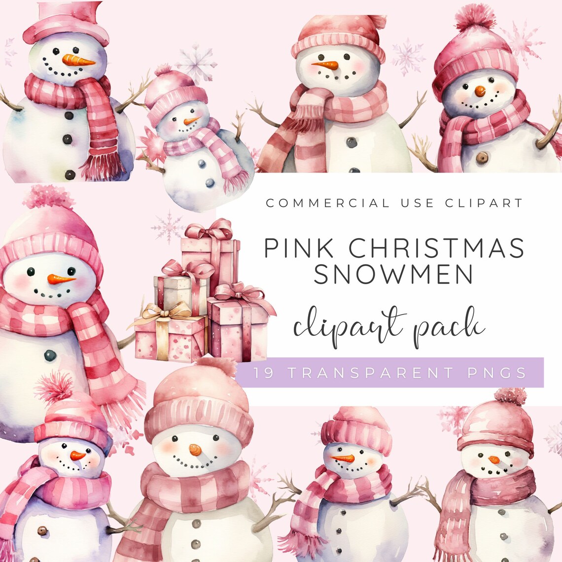 Snowmen Clipart, Pink Snowman PNG, Watercolour Snowman Clipart, Pink ...