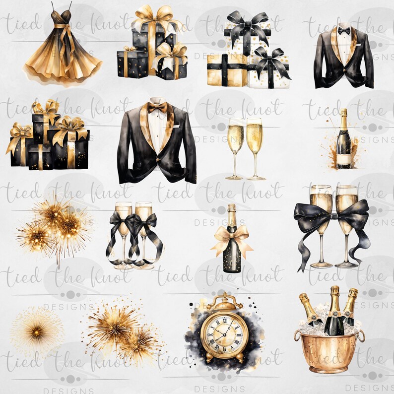 New Years Eve Clipart, Black and Gold Party, Champagne Clipart, Balloon ...