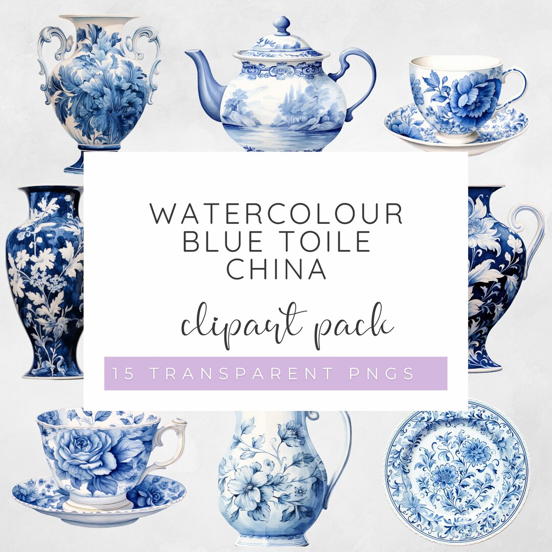 Toile Chinoiserie, Blue Toile Clipart, Toile Vase, Fine China Cup and ...