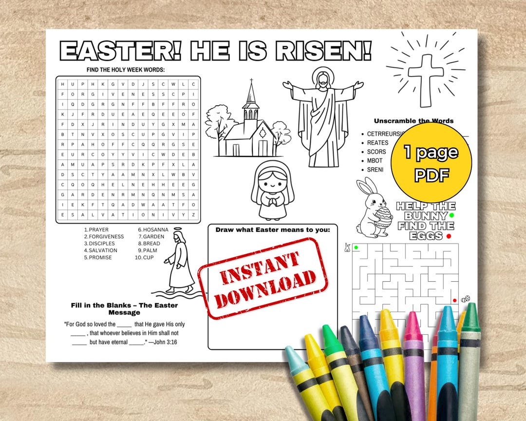 Easter Activity Placemat Kids Printable, Christian Holy Week Bible ...