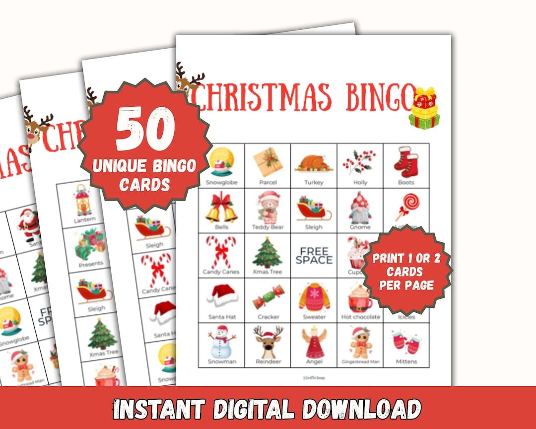 50 Christmas Bingo Cards Printable, Classroom, Kids Holiday Office ...