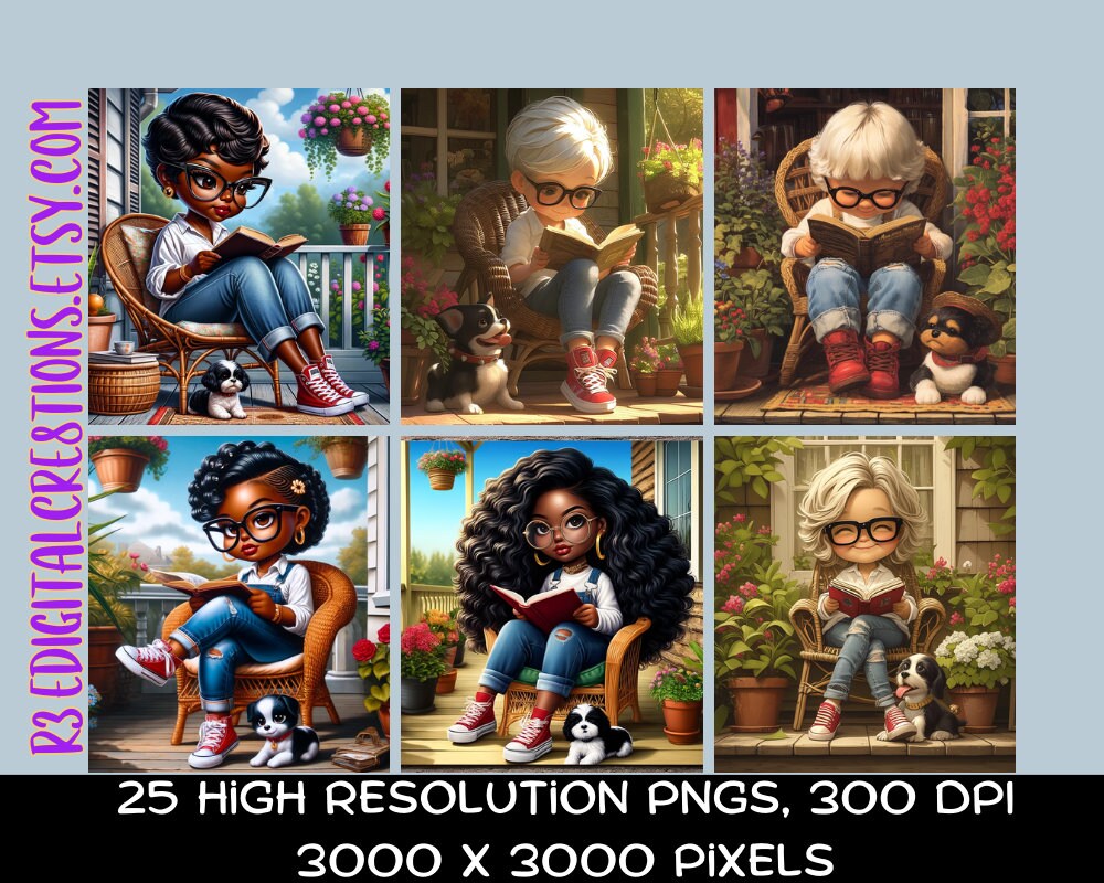 Reading Chibis 25 PNG Bundle, High Res Digital Images, POD Perfect ...