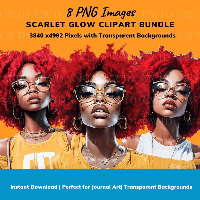 Scarlet Glow Clipart Bundle | 8 PNG Images | Red Afro Digital Art ...