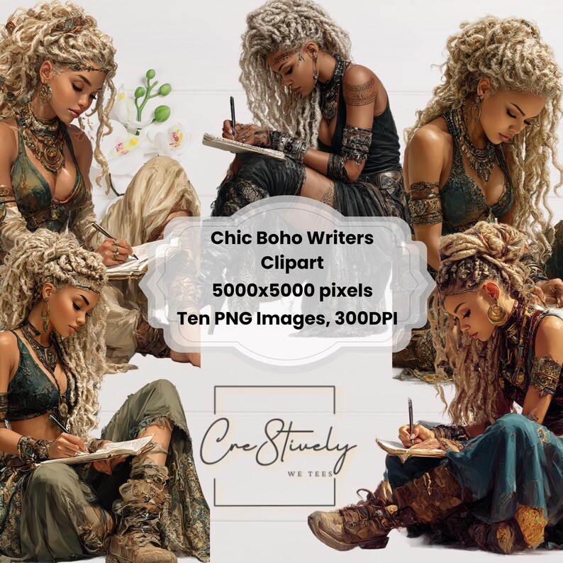 Boho Chic Woman Writing Clipart, 300 DPI, High Resolution, Transparent ...