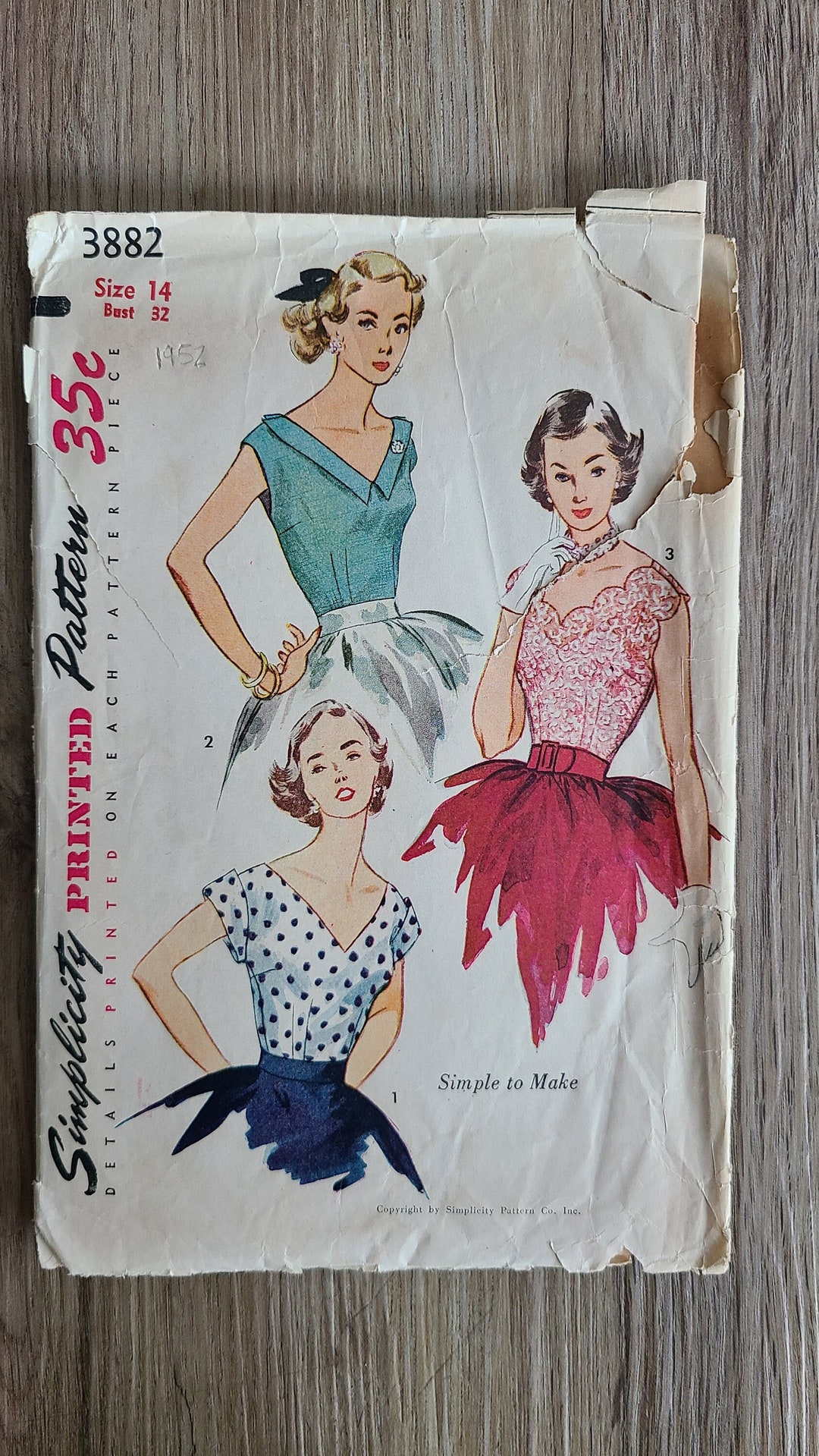 1952 Simplicity Pattern 3882 - Junior Misses' and Misses' Blouse - Size ...