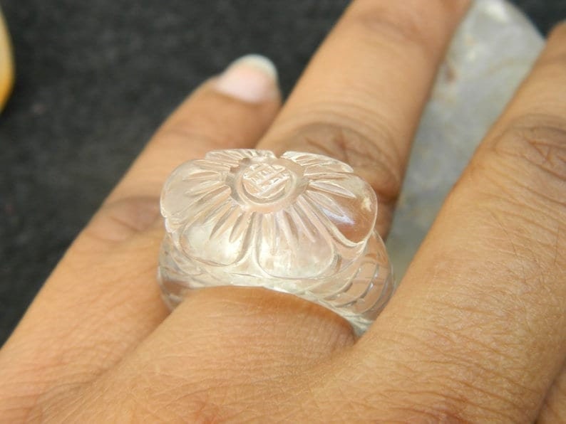 Natural Rock Crystal Genuine Gemstone. Fully Handcrafted Carved Ring ...